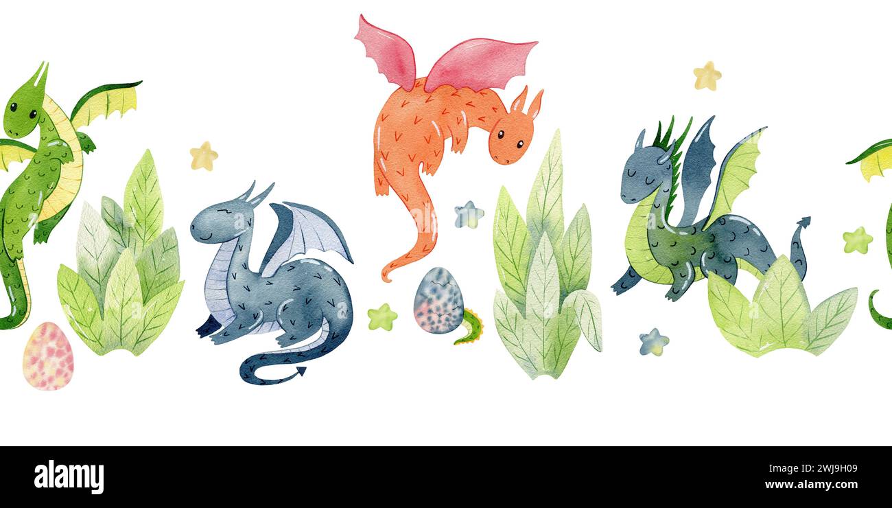 Watercolor seamless border with cute dragons among the bushes. Hand ...