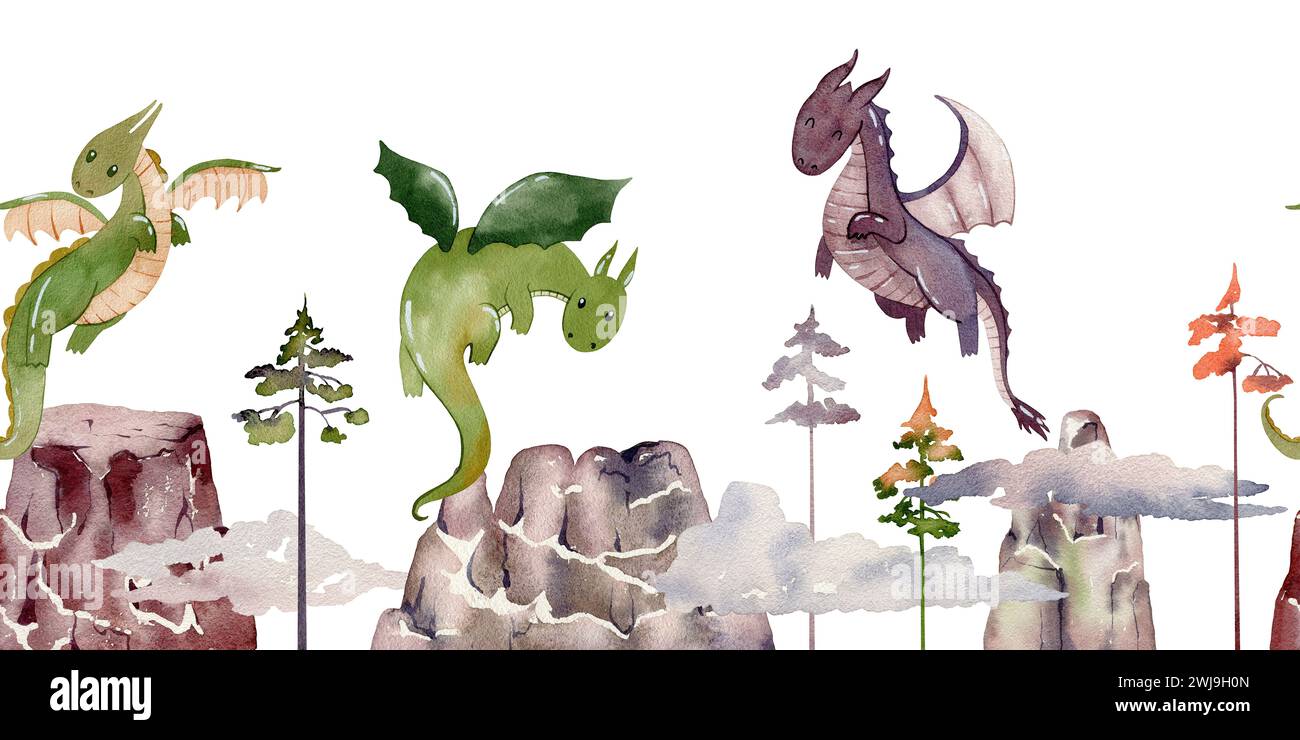 Watercolor cute seamless border with dragons. Hand drawn illustration ...