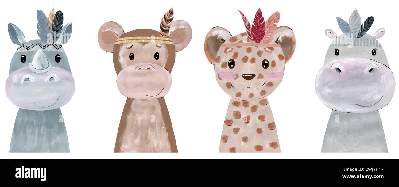 Hand drawn watercolor boho animals portrait. Nursery art Stock Photo ...