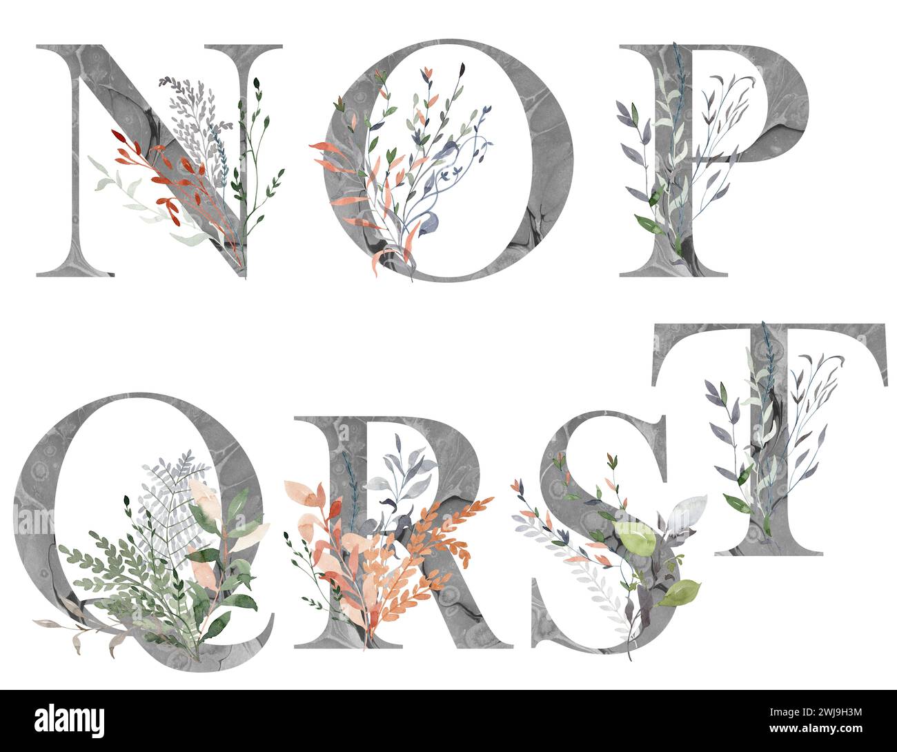 Watercolor floral alphabet with leaves for wedding invitations ...