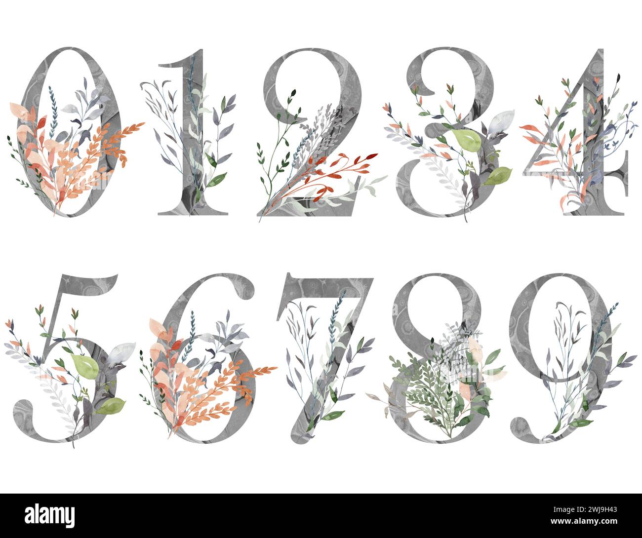 Watercolor botanical numbers with leaves for wedding invitations ...