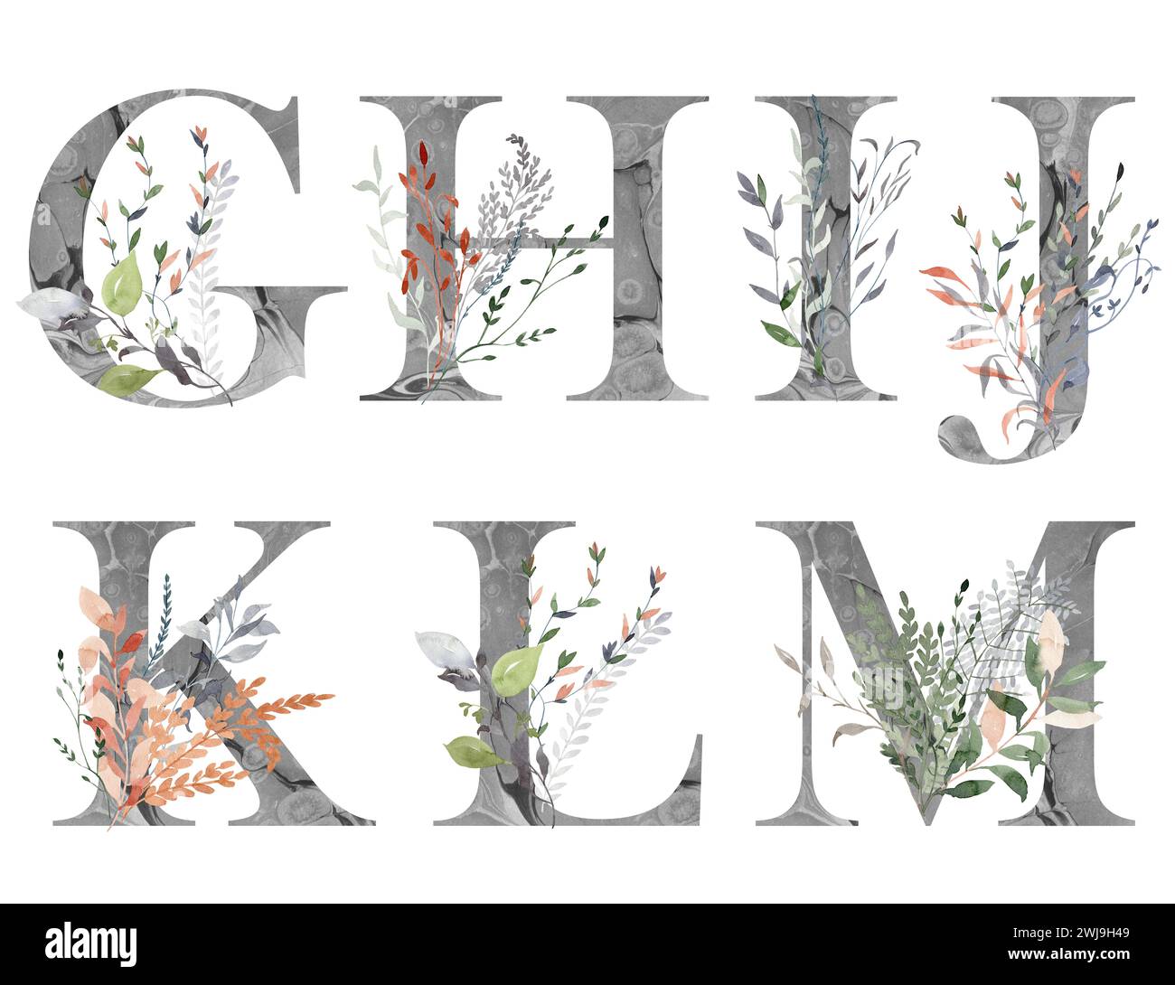 Watercolor botanical alphabet with leaves for wedding invitations ...