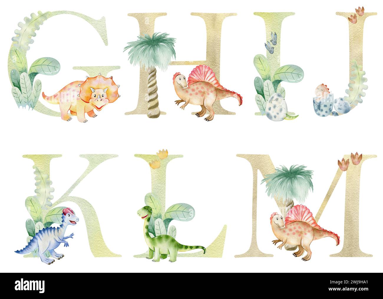 Watercolor dinosaurs letters for invitation card, nursery poster and ...