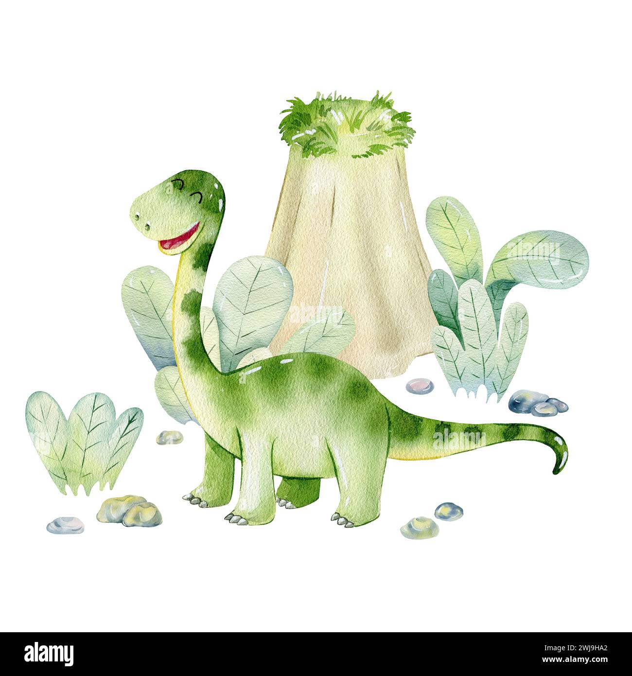 Watercolor dinosaur. Hand drawn illustration with brontosaurus Stock ...