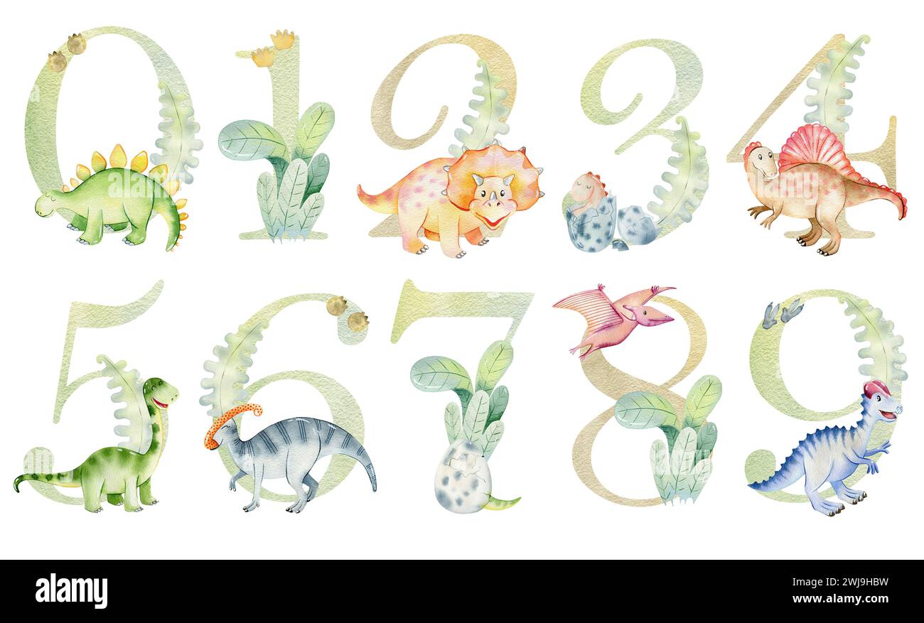 Watercolor dinosaurs numbers for invitation card, nursery poster and ...