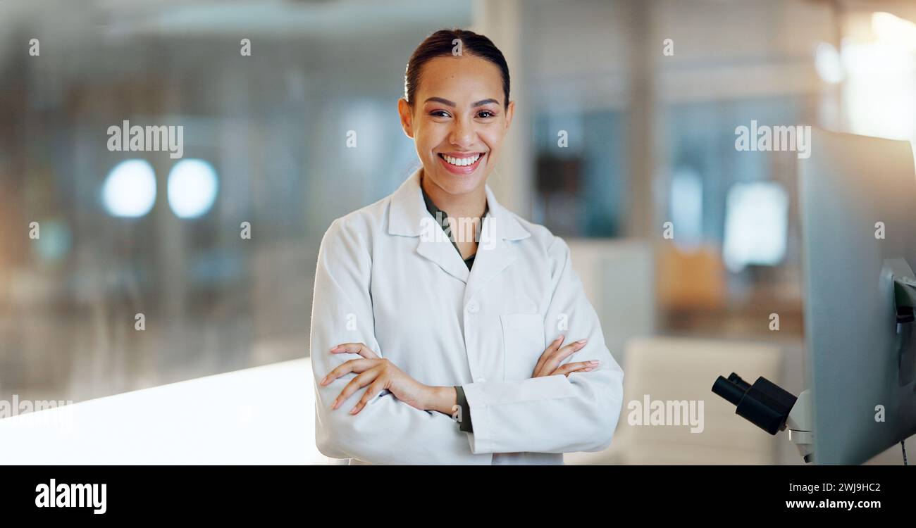 Lab woman, arms crossed and scientist smile for job experience, medical ...
