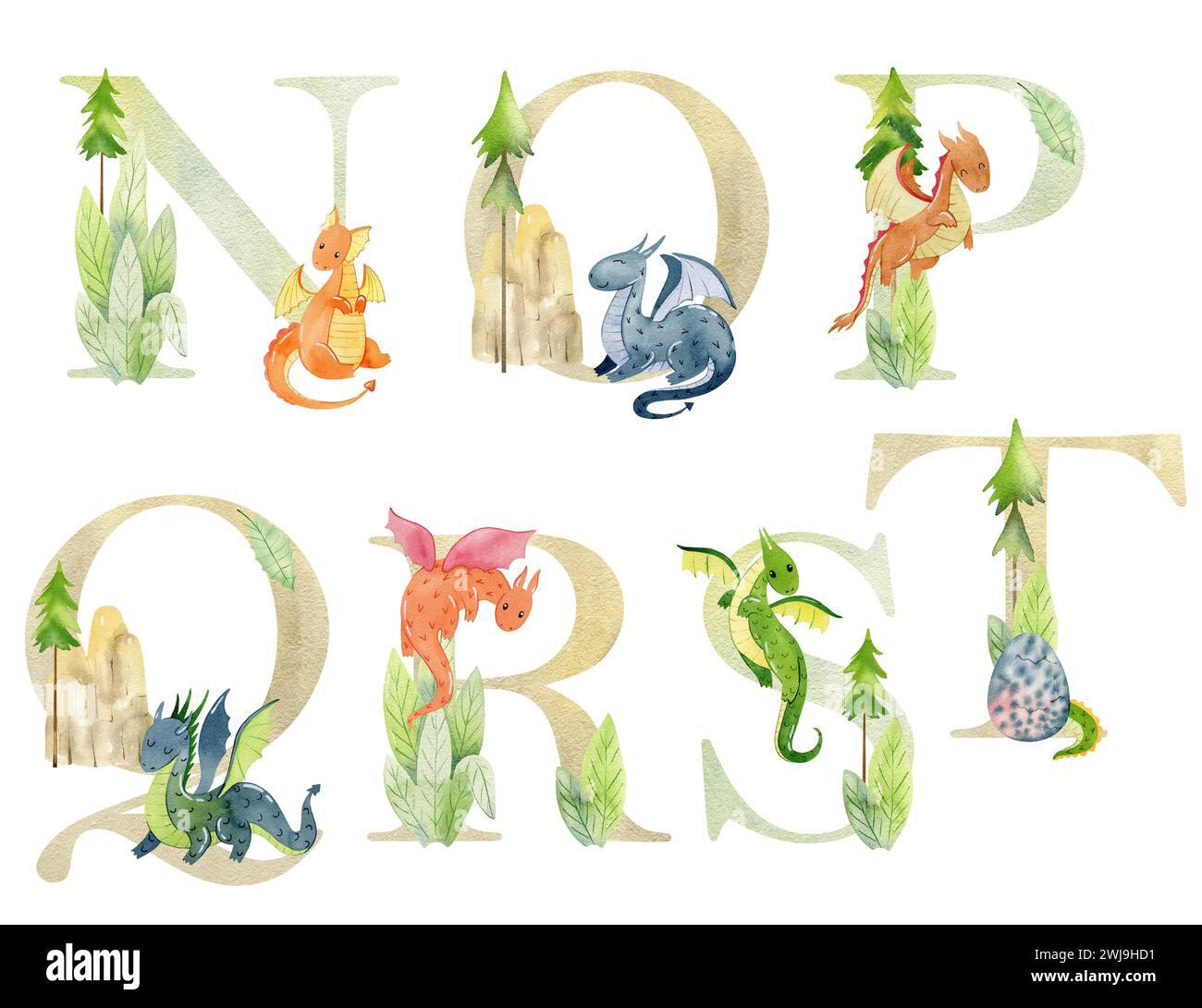 Watercolor dragons letters Stock Photo - Alamy