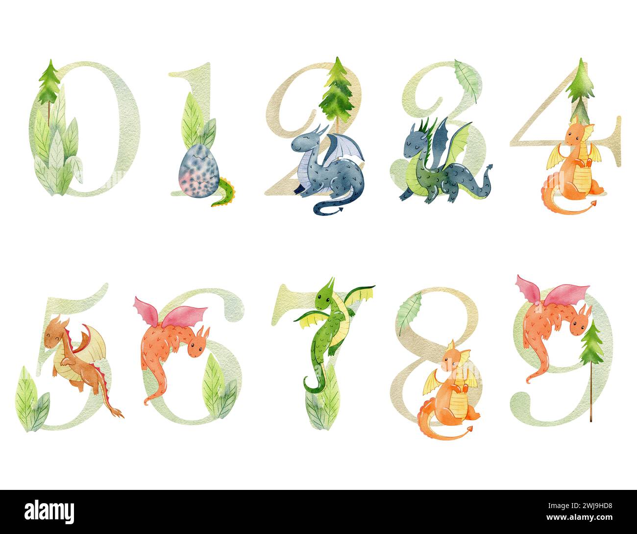 Watercolor dragons numbers Stock Photo - Alamy