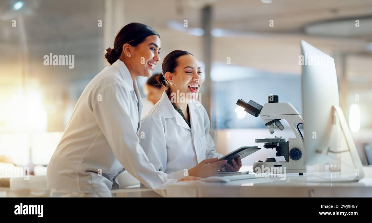 Scientist, women and teamwork on tablet and computer for laboratory ...