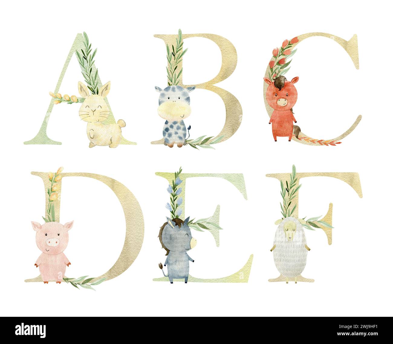 Watercolor farm animals letters Stock Photo - Alamy