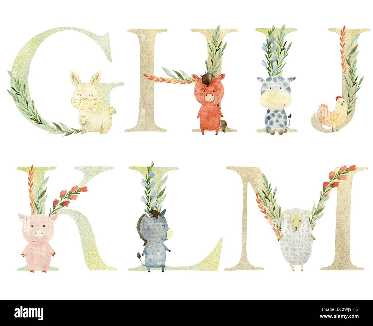 Watercolor farm animals letters Stock Photo - Alamy