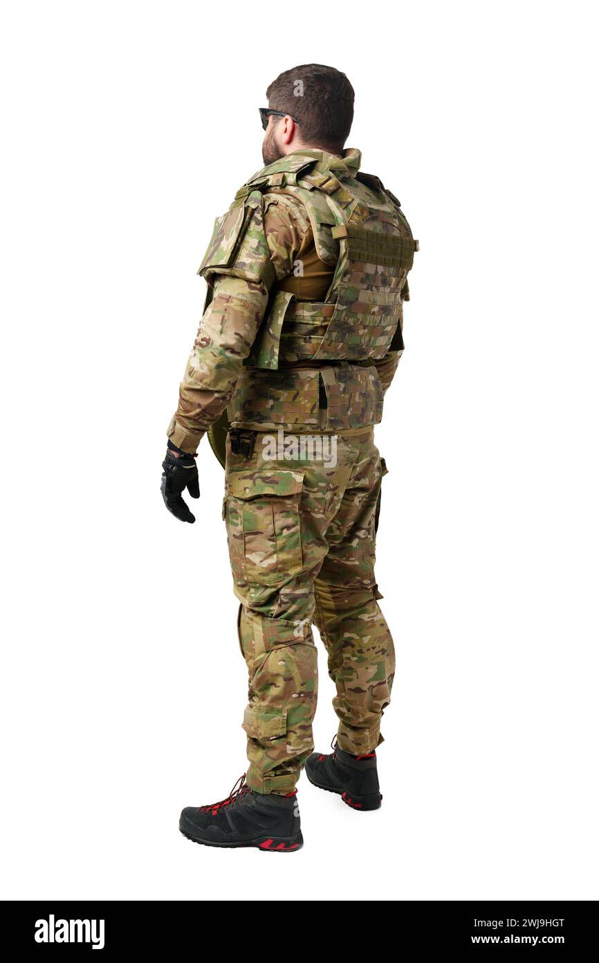 Back view of male soldier in military uniform isolated on white ...