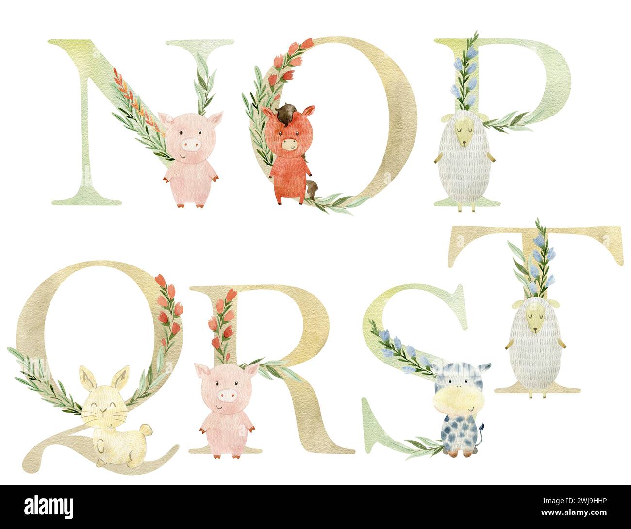 Watercolor farm animals letters Stock Photo - Alamy