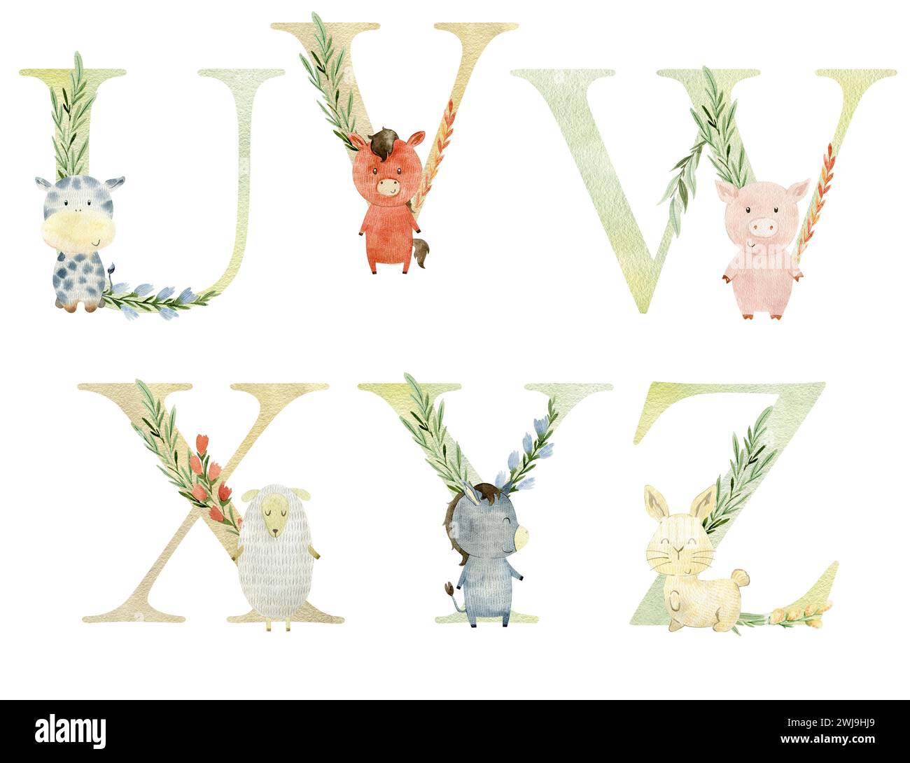 Watercolor farm animals letters Stock Photo - Alamy