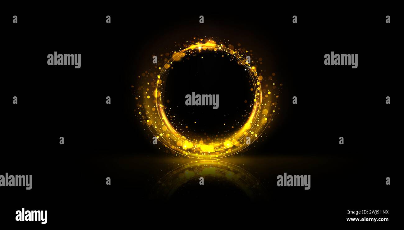 Circle frame with golden bokeh effect isolated on black background ...
