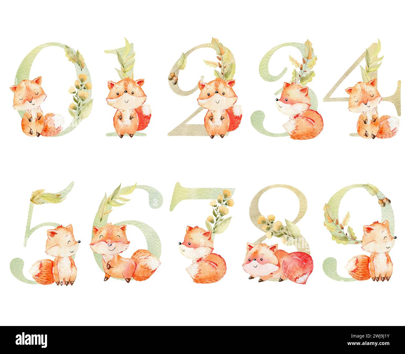 Watercolor animals numbers Stock Photo - Alamy