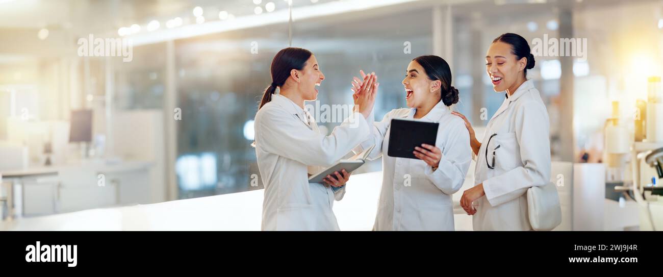 Scientist, high five and research success on tablet for teamwork ...