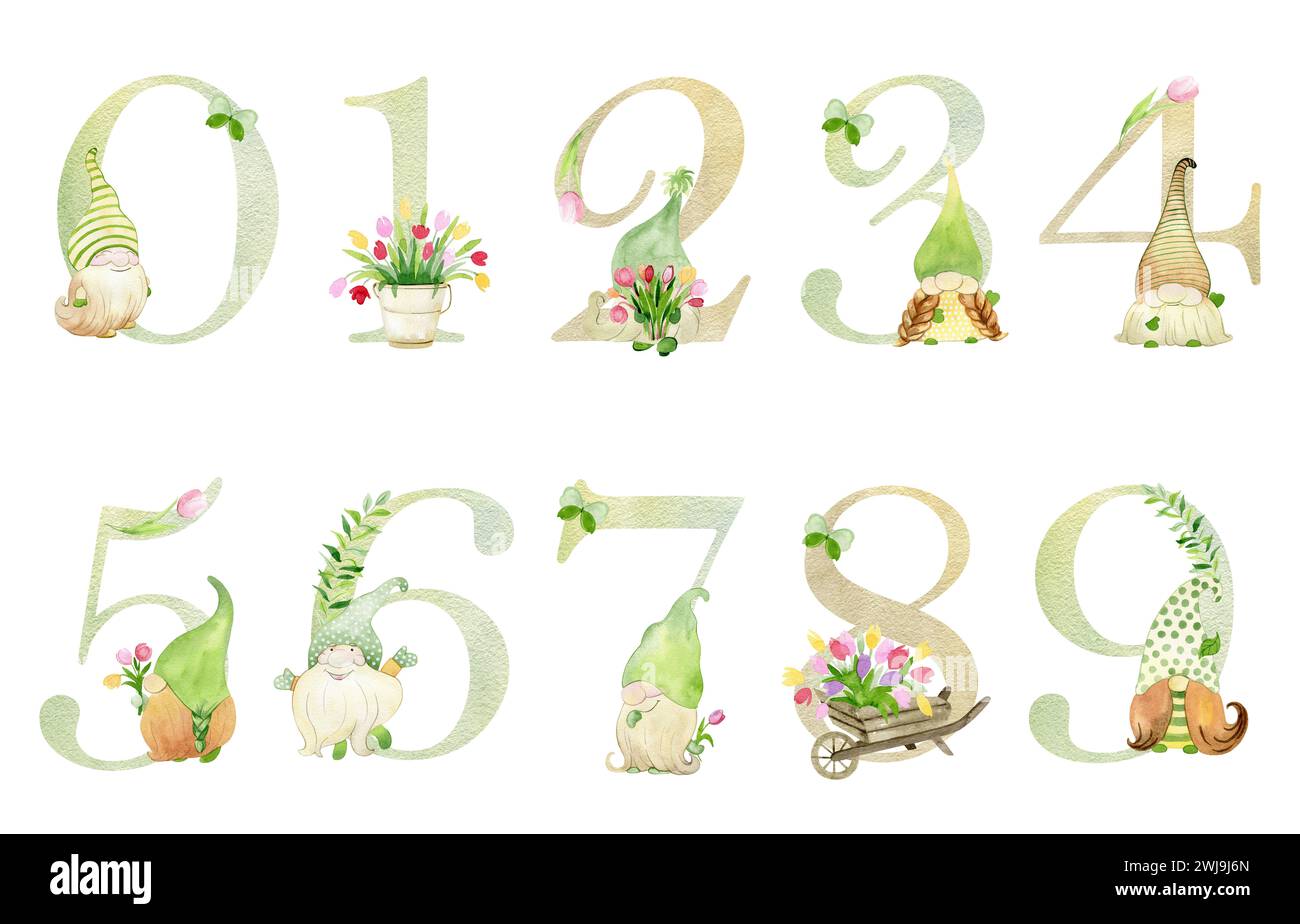 Watercolor spring gnomes numbers Stock Photo - Alamy