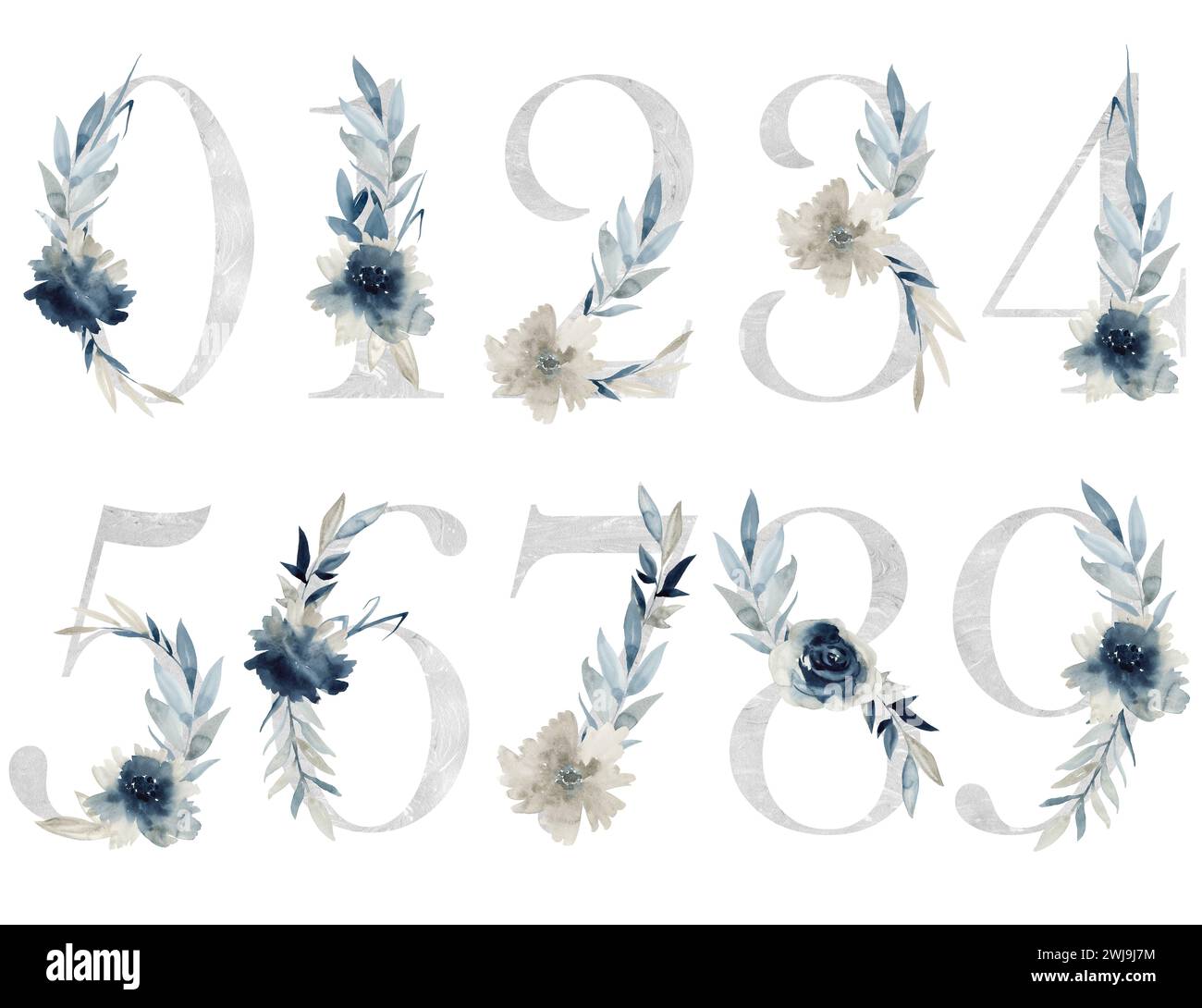 Watercolor floral numbers Stock Photo - Alamy