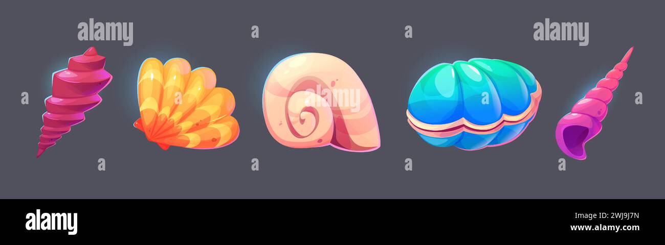 Cartoon set of seashells isolated on black background. Vector ...