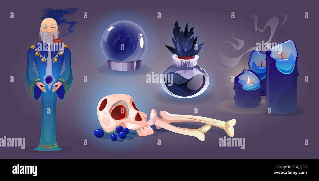 Wizard with long grey beard and staff for wizardry. Cartoon vector set ...