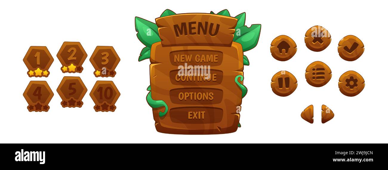 Jungle game ui design elements set - wood menu frame with green tropical leaves, round buttons ...