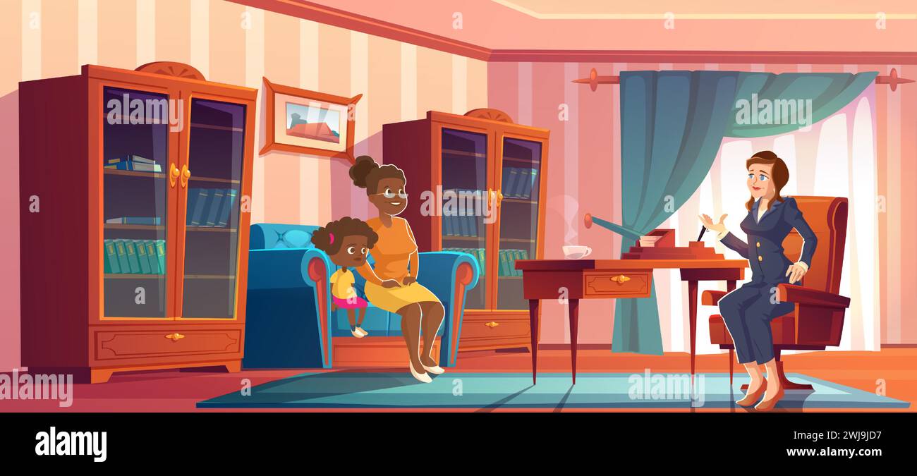 Mother with daughter and woman in business suit sitting in therapist office or school principal ...