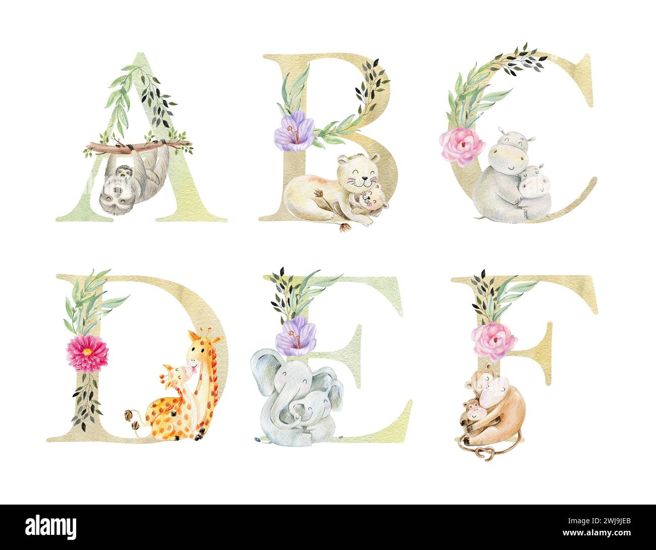 Watercolor animals letters Stock Photo - Alamy