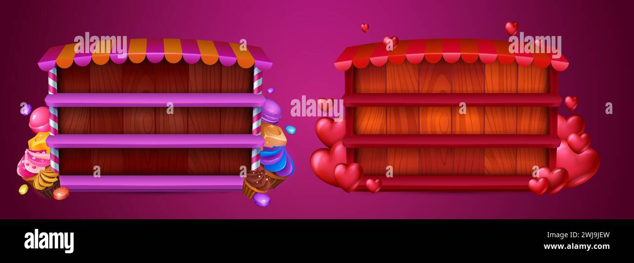 Shop window template with sweet desserts and red romantic hearts for ...