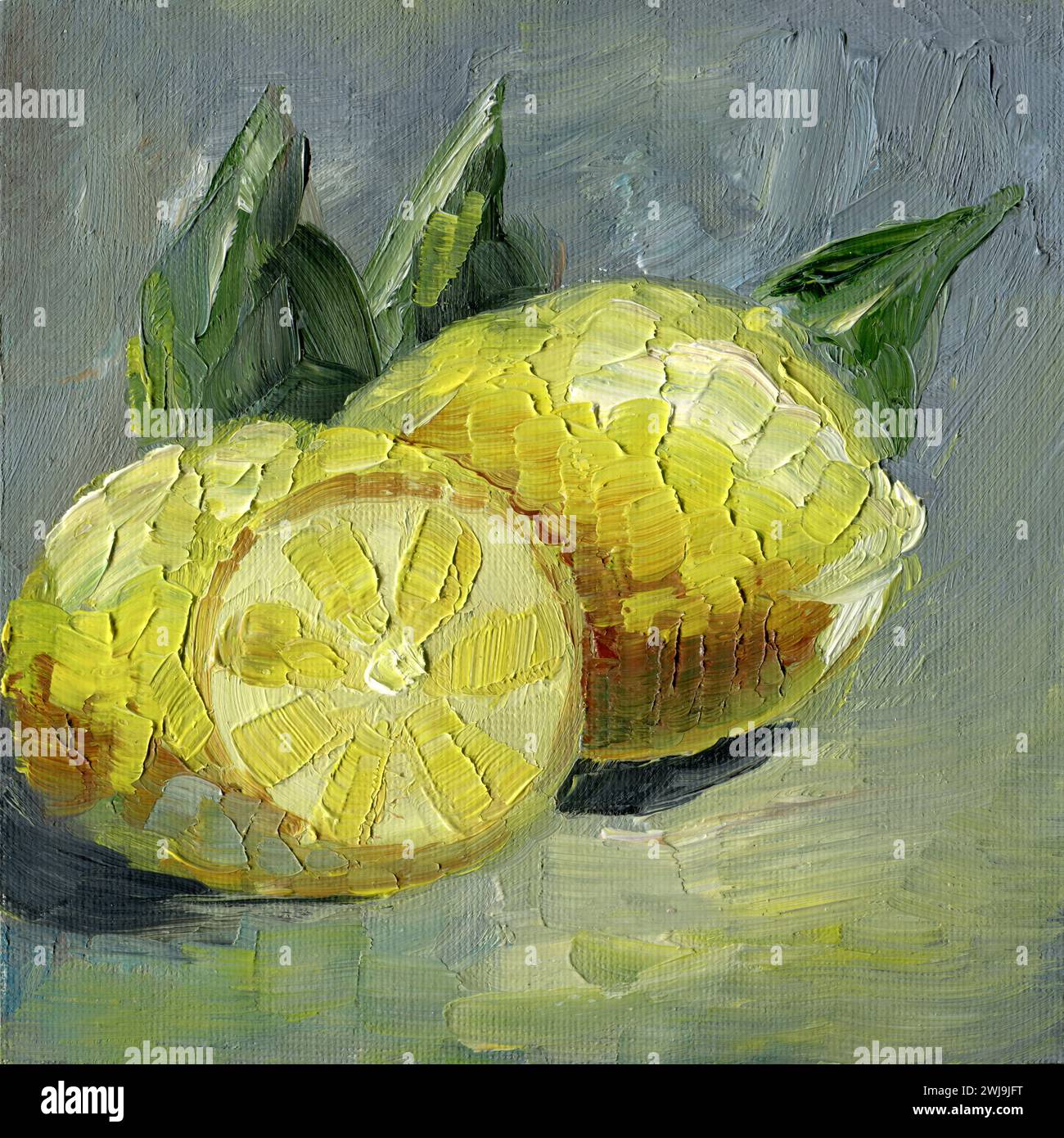 Lemon oil painting on canvas. Hand drawn oil illustration Stock Photo ...