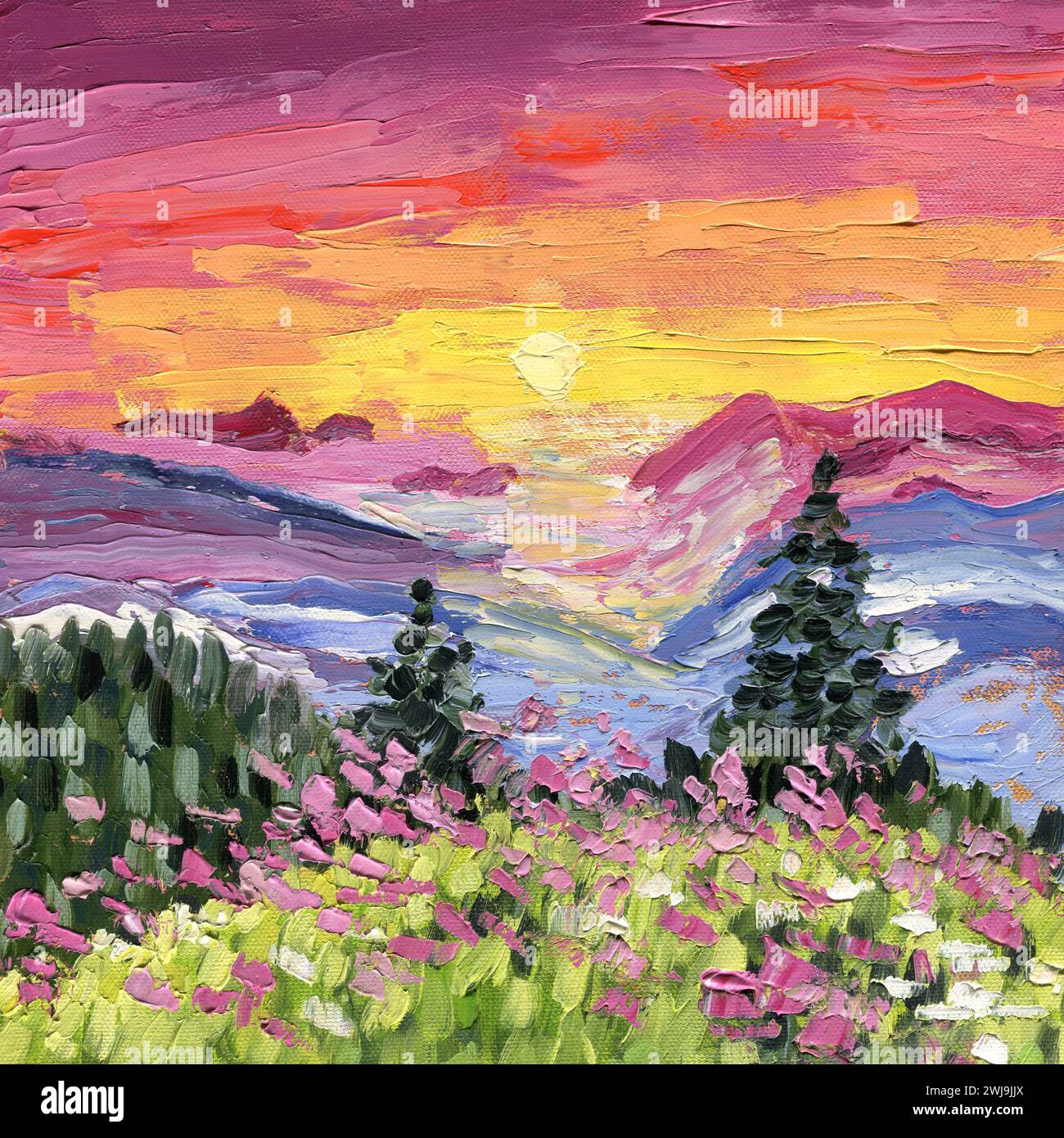 Sunset oil painting Stock Photo - Alamy