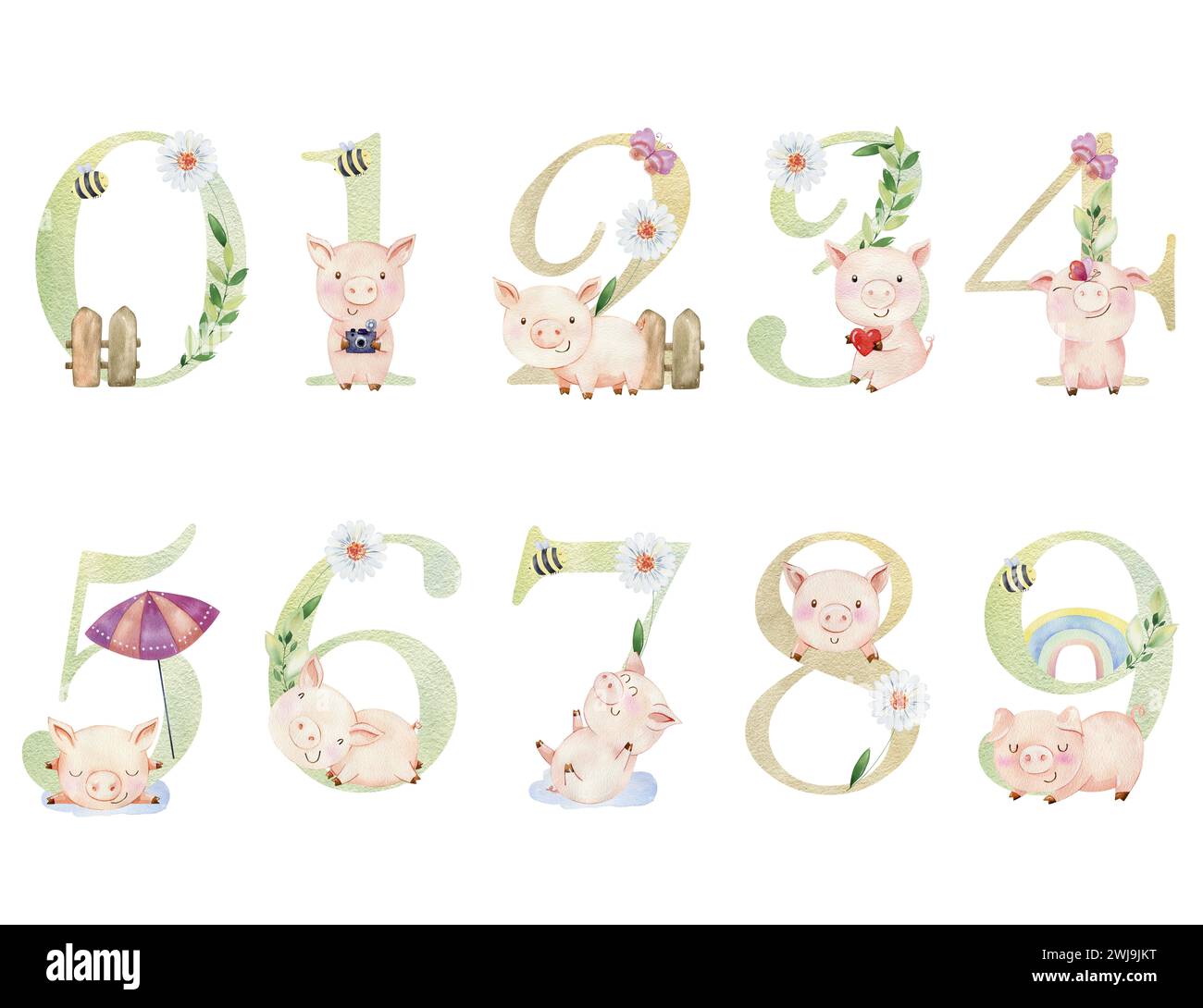 Watercolor animals numbers Stock Photo - Alamy