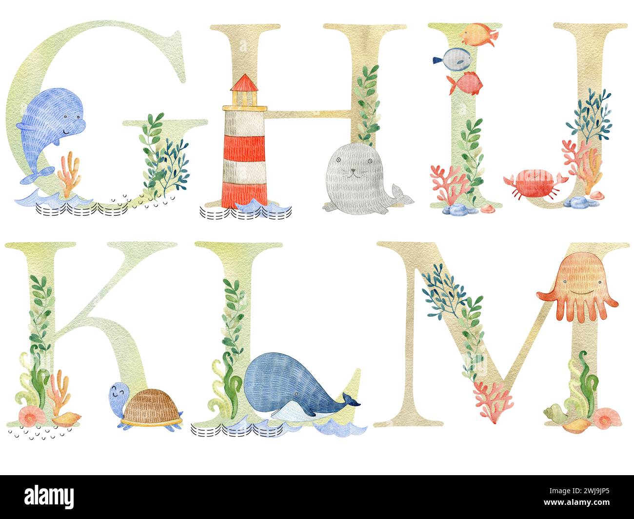 Watercolor sea animals letters Stock Photo - Alamy