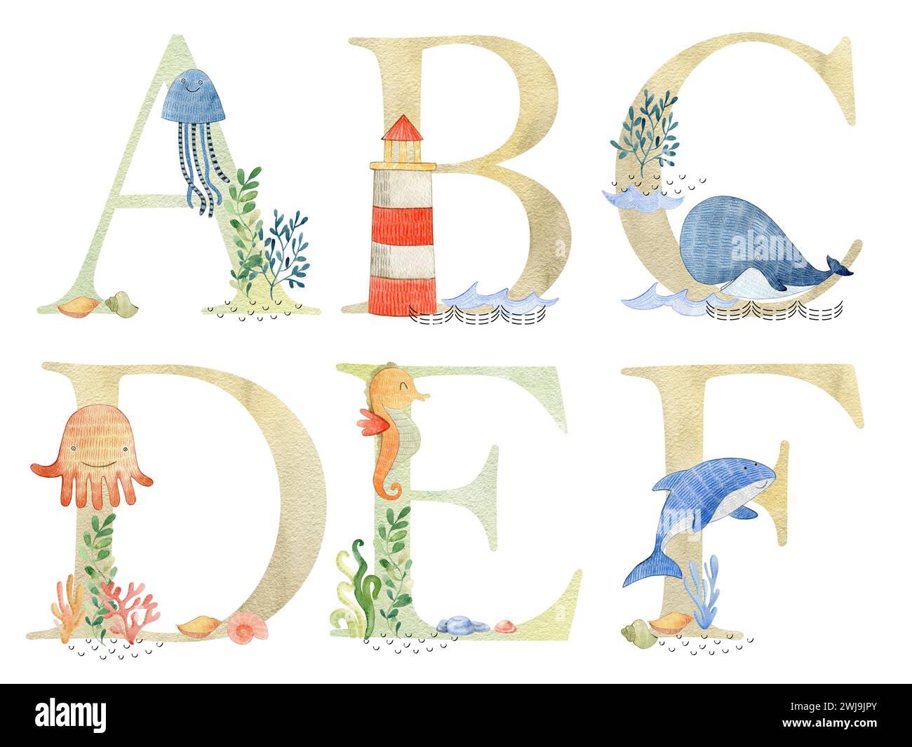 Watercolor sea animals letters Stock Photo - Alamy