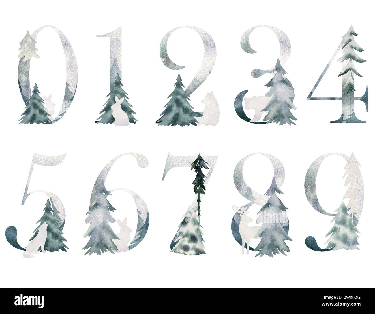 Watercolor forest numbers Stock Photo - Alamy