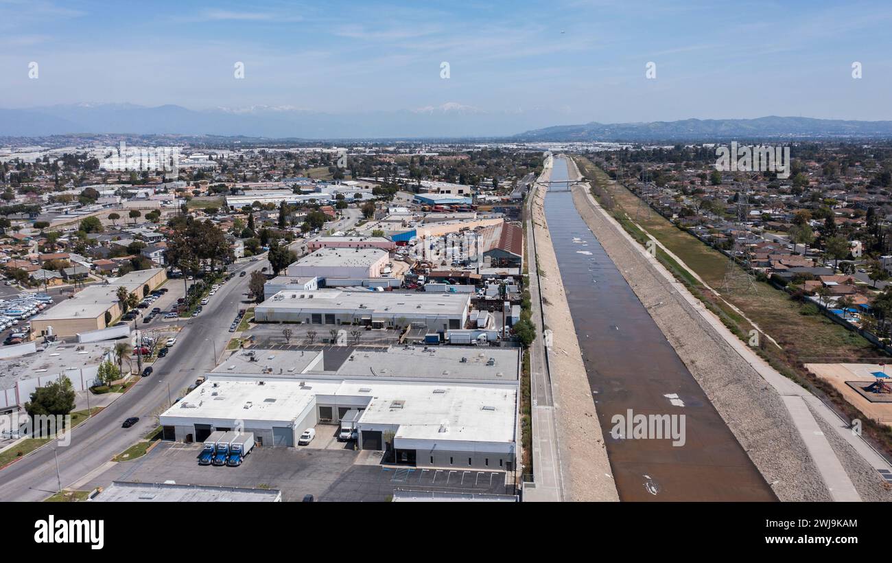 Aerial view of the Rio Hondo River as it flows through Downey and Bell ...