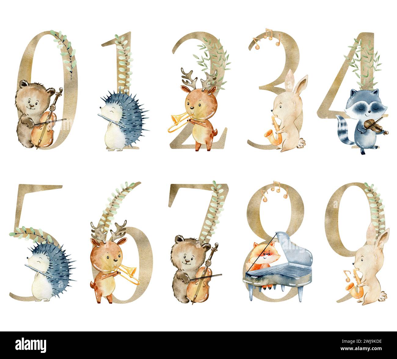 Watercolor animals numbers Stock Photo - Alamy