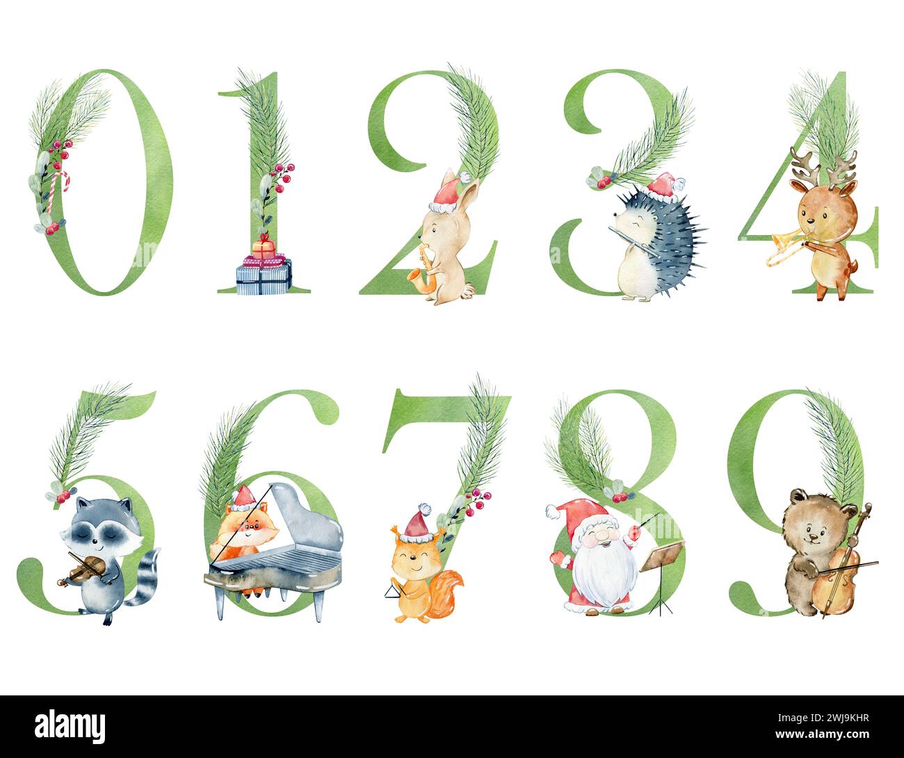 Watercolor christmas numbers Stock Photo - Alamy