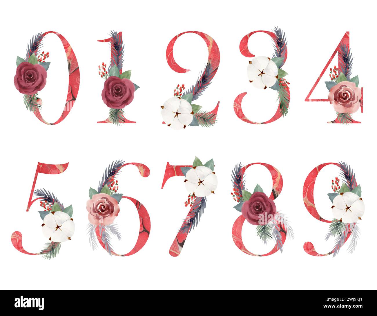 Watercolor floral numbers Stock Photo - Alamy