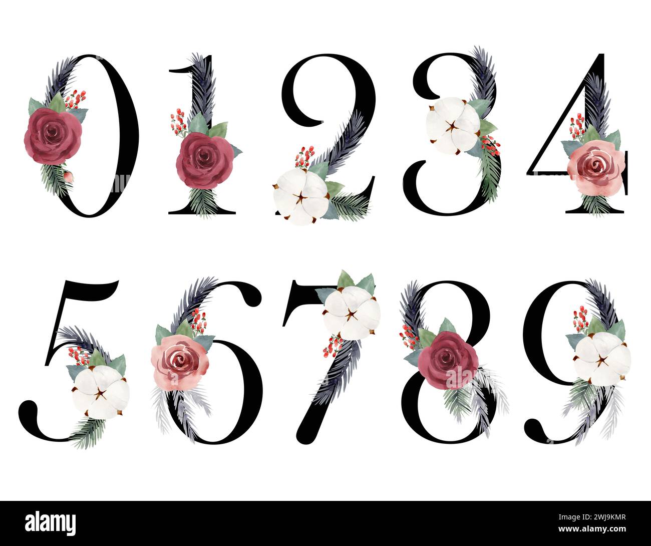 Watercolor floral numbers Stock Photo - Alamy