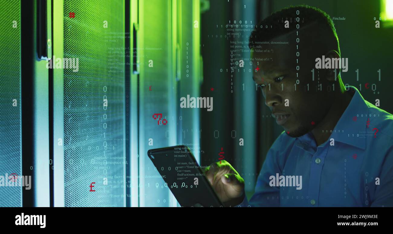 Image of data processing over african american male it engineer and computer servers Stock Photo ...