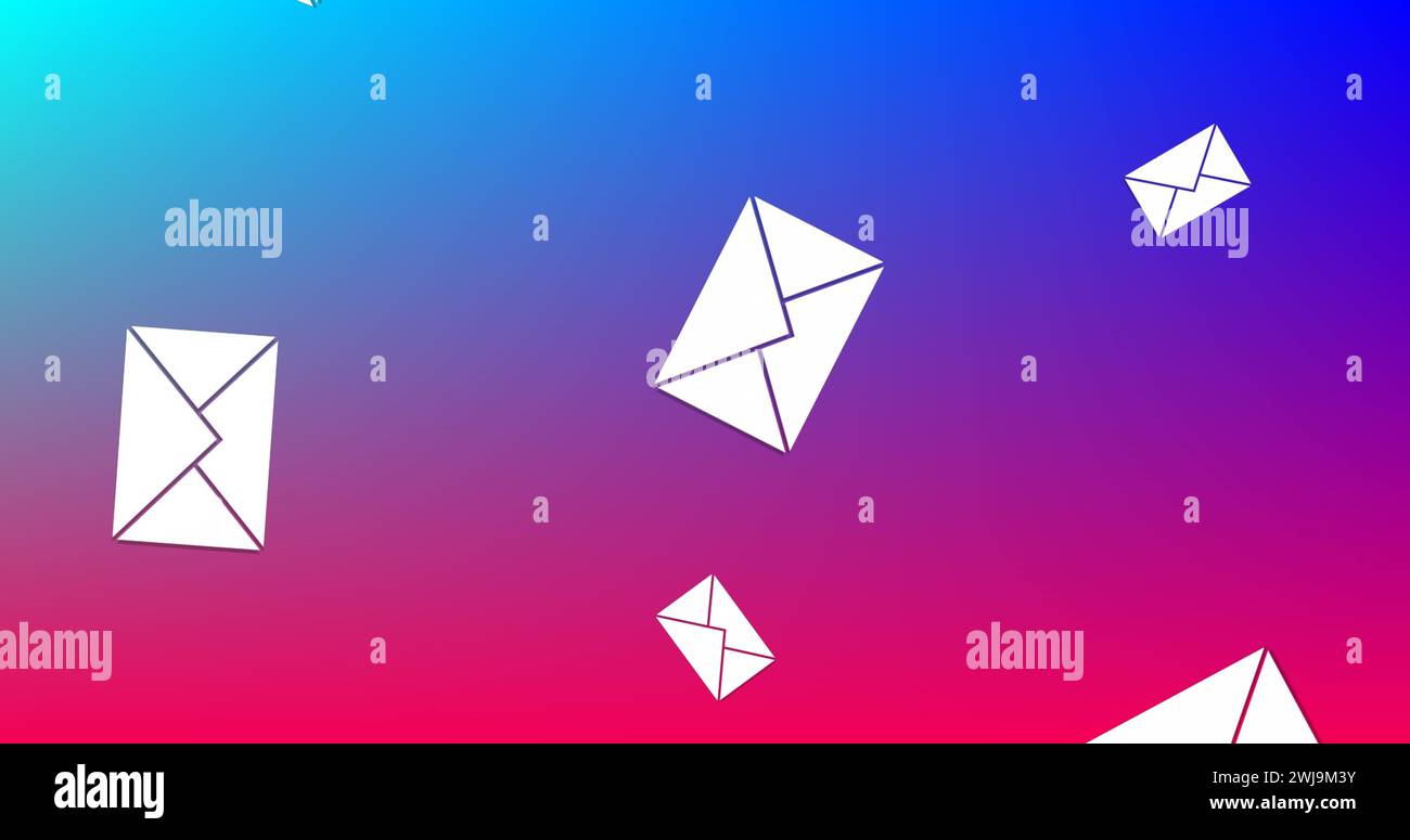Digital image of message icons falling with a gradient blue and violet ...