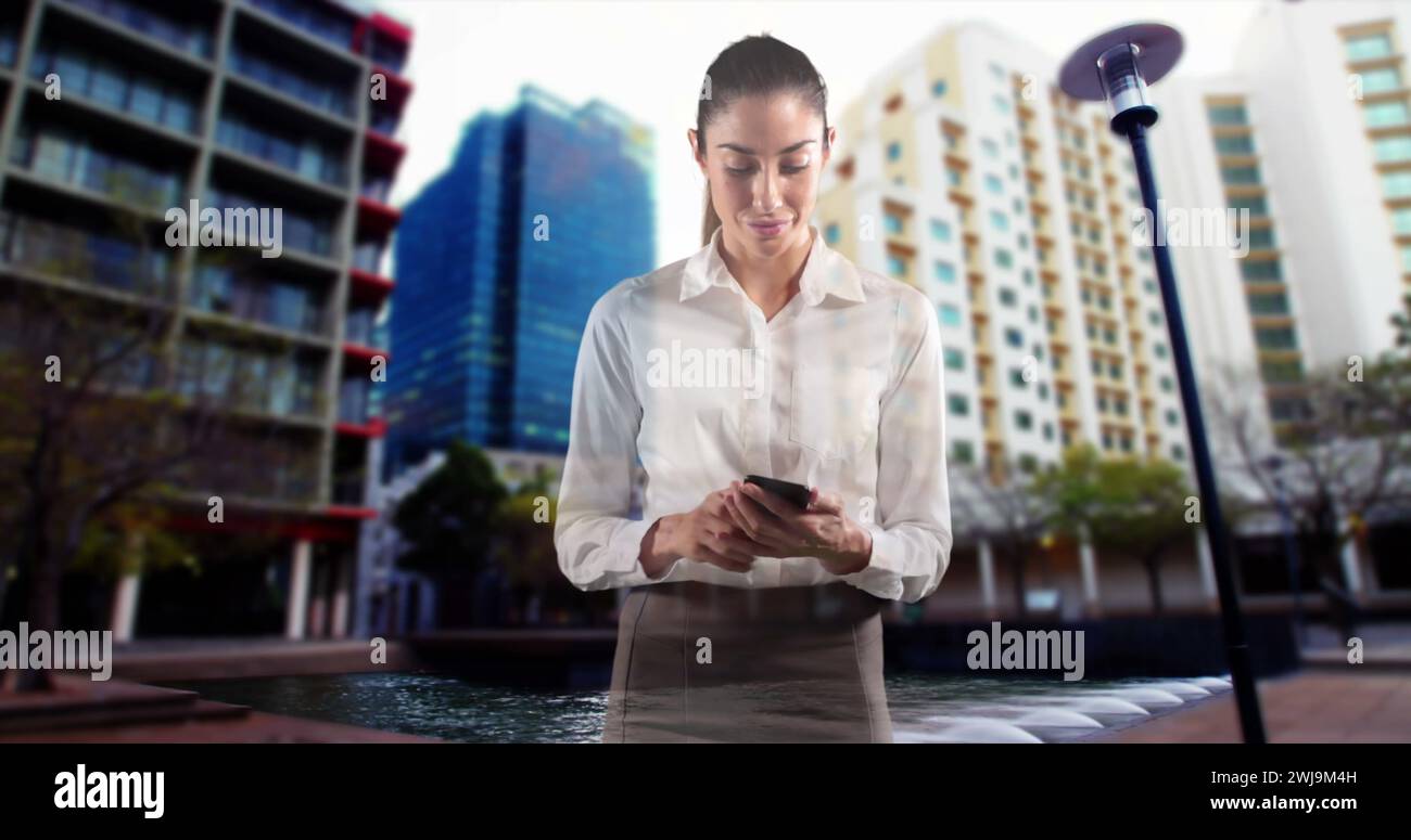 Image of businesswoman using smartphone with modern buildings and ...