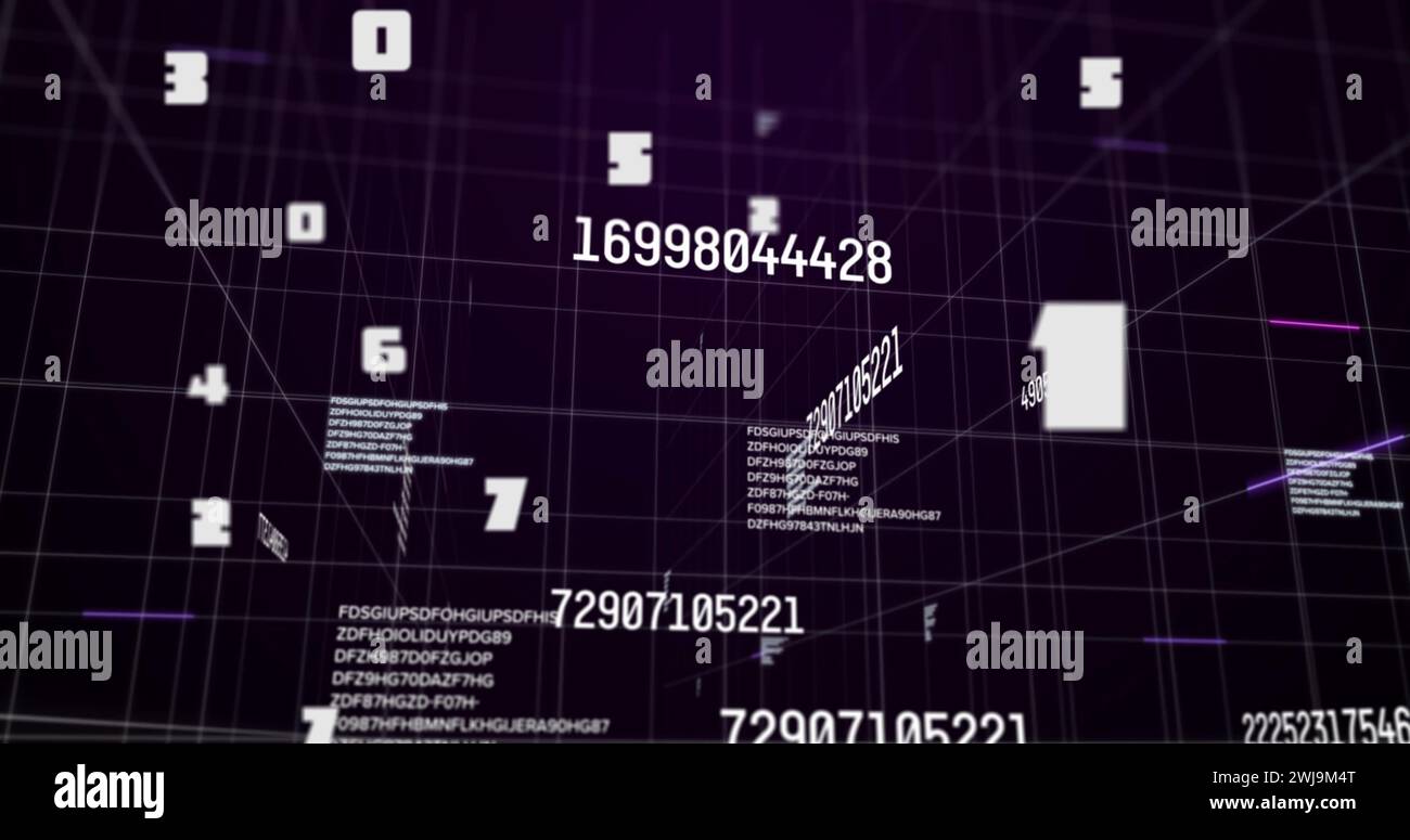 Image of numbers changing with data processing on grid on purple background Stock Photo - Alamy