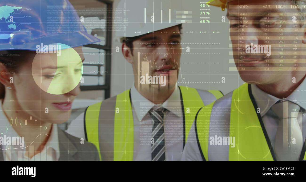 Three architects review building plans with graphs in a 4k digital ...