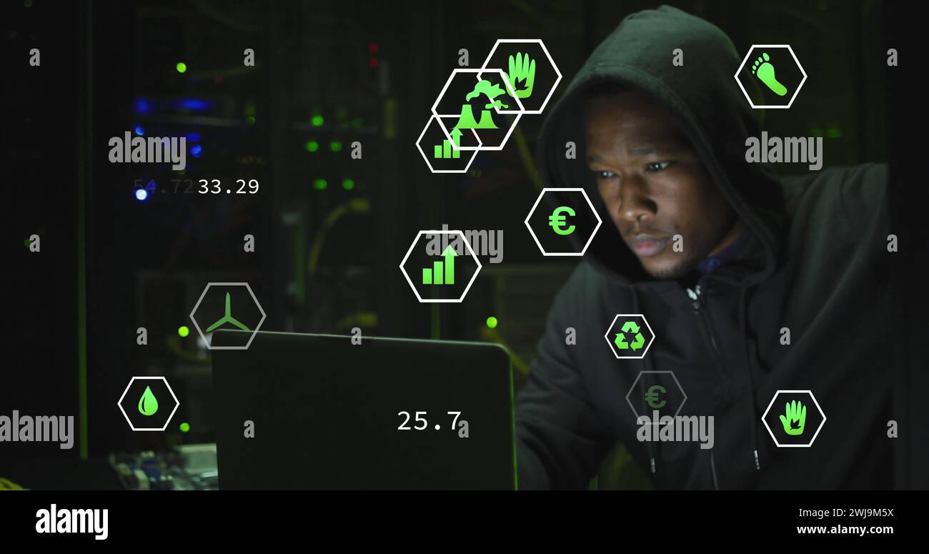 Image of data processing over african american male hacker with ...