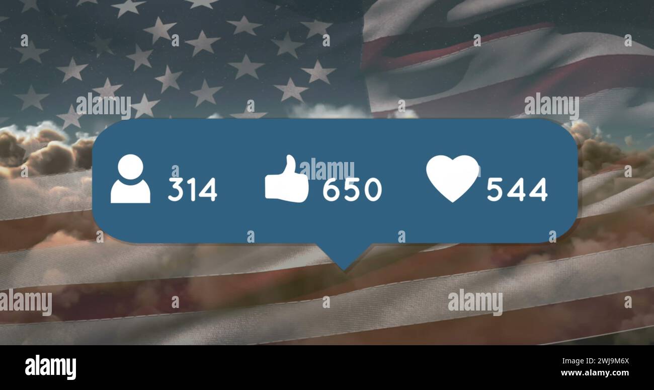Image of social media icons with numbers on speech bubble over flag of ...