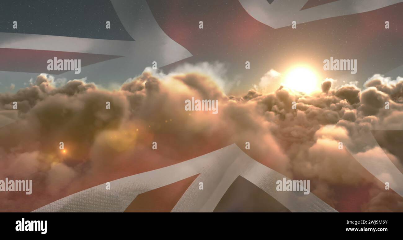 A dramatic sky with clouds and a sunburst overlays a faded Union Jack ...