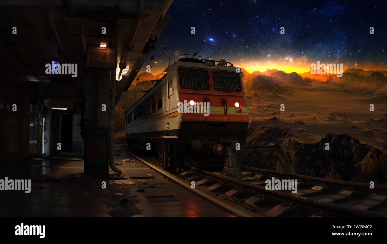 Railway station in space, train stop near planet, railway station ...