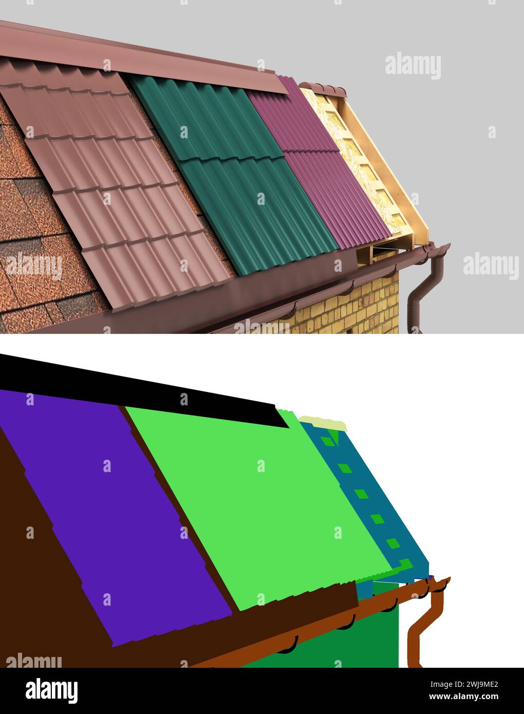 the roof of the house concept different types of roofing on a wooden ...